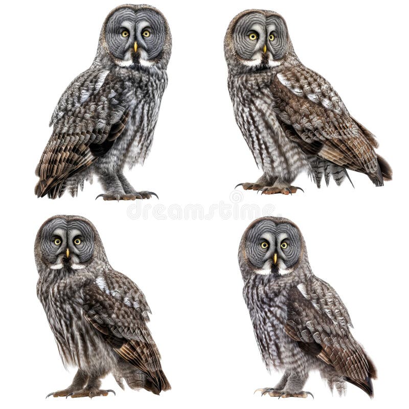 Four Great Gray Owls in Different Poses Stock Illustration ...