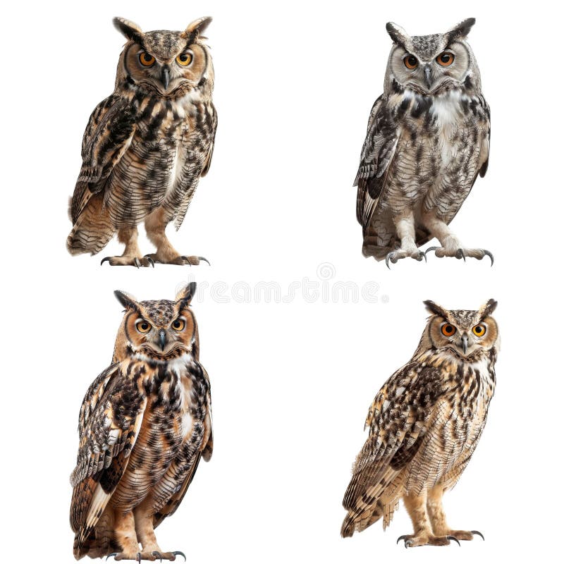 Four Great Horned Owls Facing Forward Stock Image - Illustration of ...