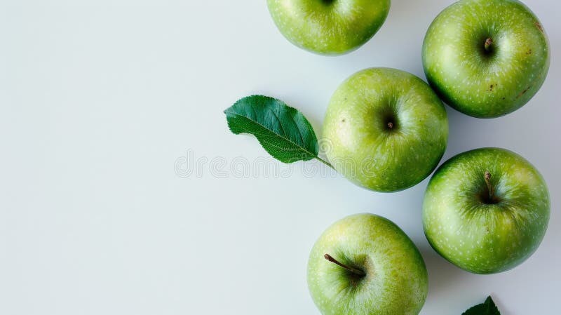 Four Green Apples with Leaves on a White Surface Stock Image - Image of ...