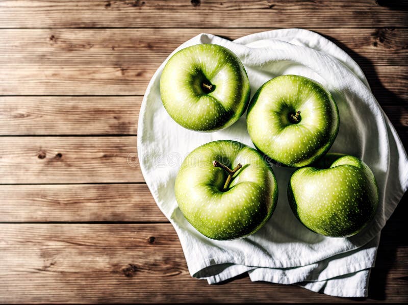 Four Green Apples on a White Cloth. Stock Image - Image of plate ...