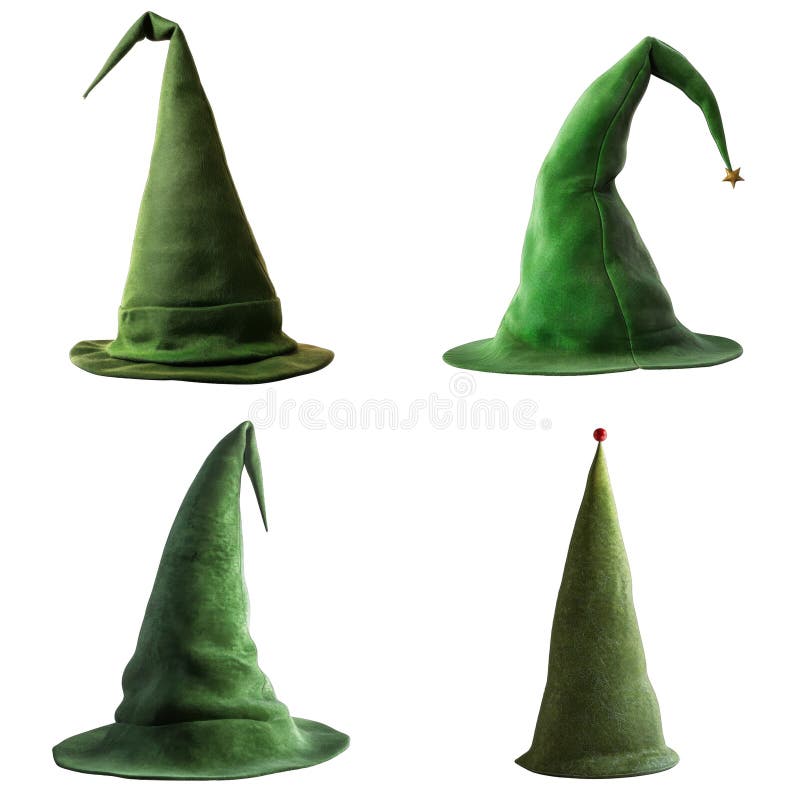 Four Green Conical Hats with Unique Details Stock Photo - Illustration ...