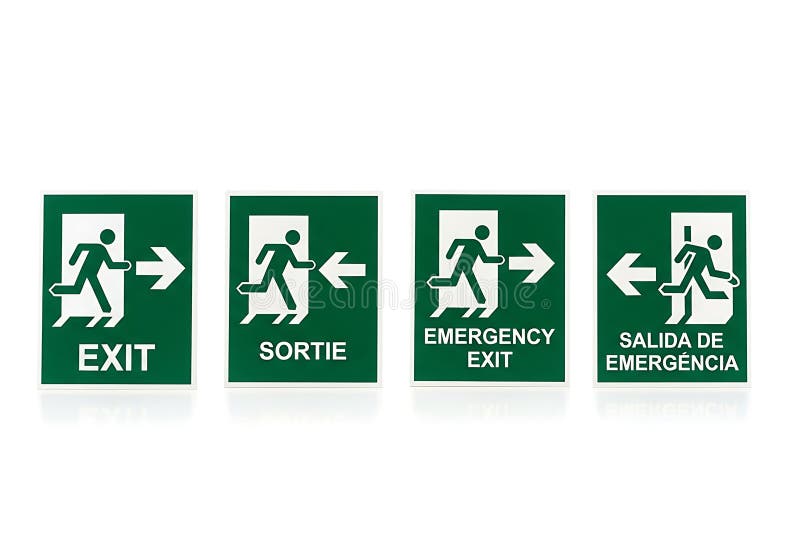 Four Green Emergency Exit Signs in Different Languages Stock ...