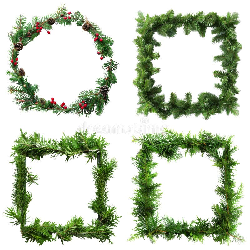Four Green Evergreen Frames with Berries and Cones Stock Image ...