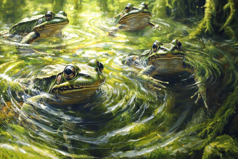 Four Green Frogs in a Still Pond Stock Illustration - Illustration of ...