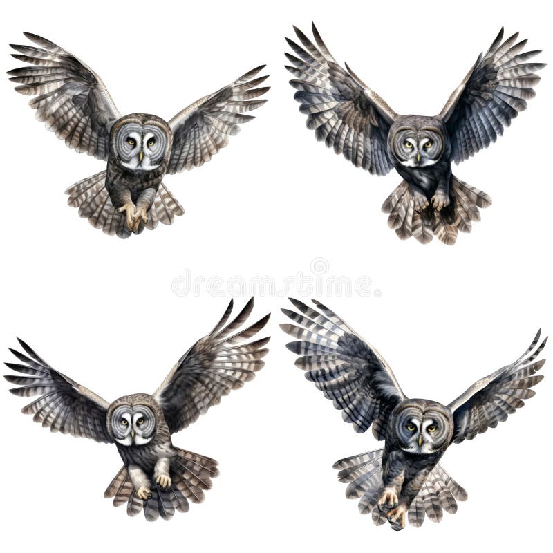Four Grey Owls in Flight, Wings Spread Stock Illustration ...