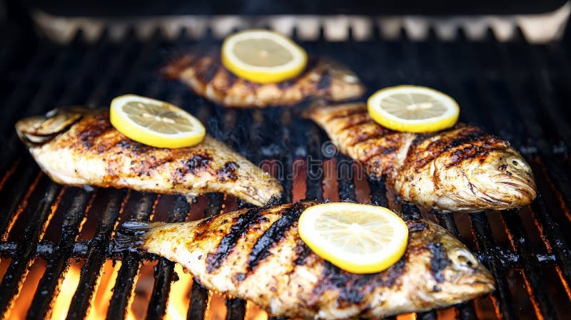 Four Grilled Fish with Lemon Slices on a Hot Grill Stock Photo - Image ...