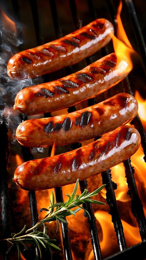 Four Grilled Sausages on Grill. Long Fire Flames and Smoke. Top View ...