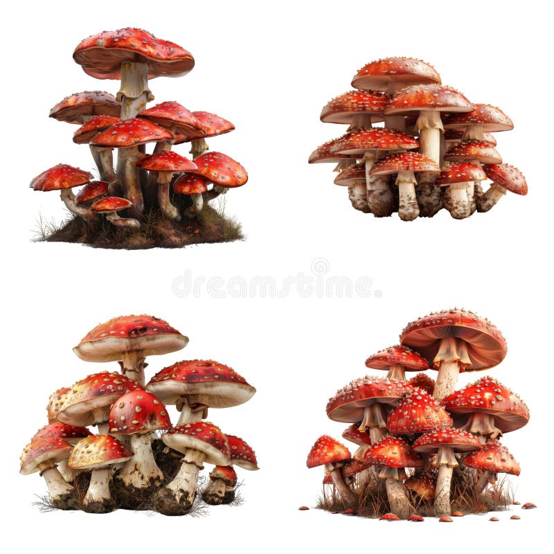 Four Groups of Red-and-White Spotted Mushrooms Stock Illustration ...