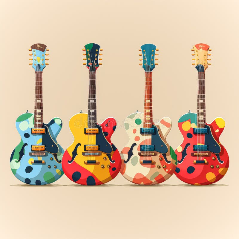 Four Guitars with Different Colors and Patterns Stock Photo - Image of ...