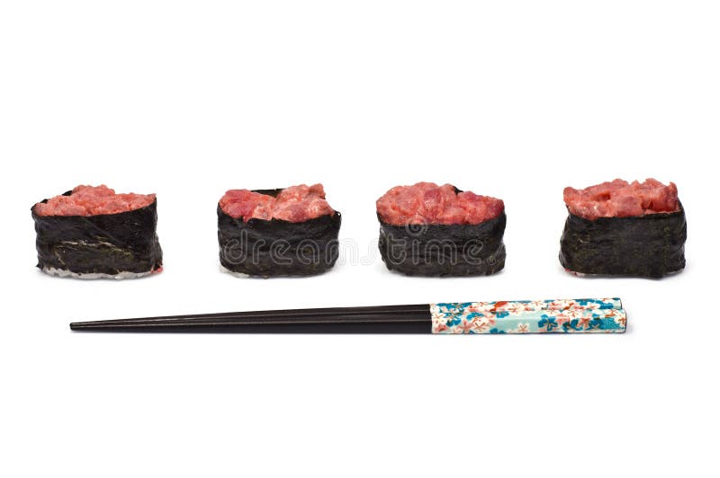 Gunkan Maki Yukke or Sushi Topping with Spicy Minced Beef and Raw Quail ...