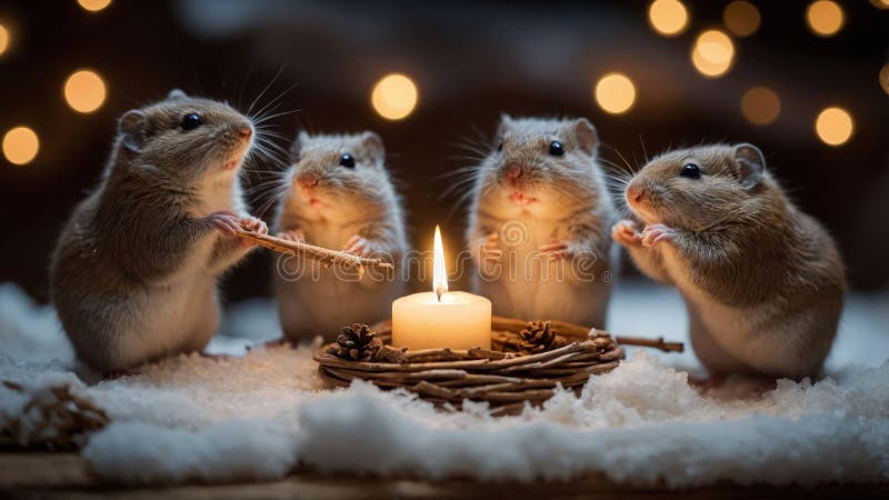 Adorable Mice Gathering Around a Lit Candle in Winter Stock ...