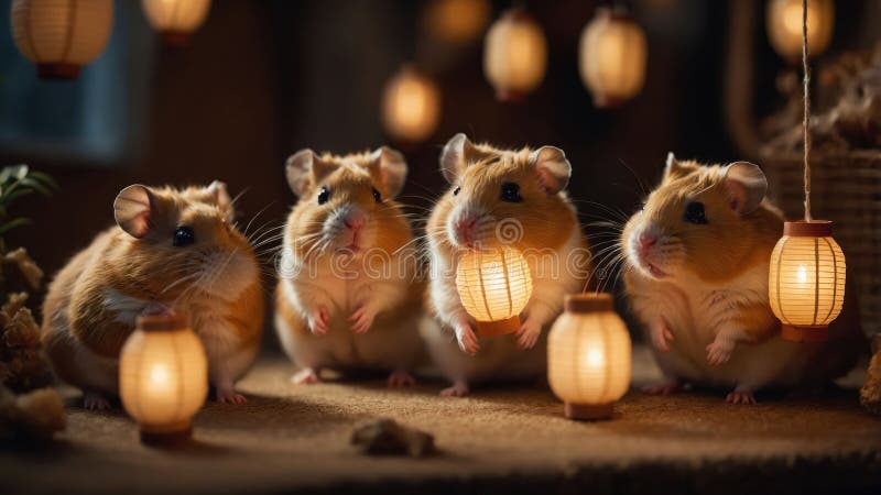 Adorable Hamsters with Glowing Lanterns in Cozy Night Scene Stock ...