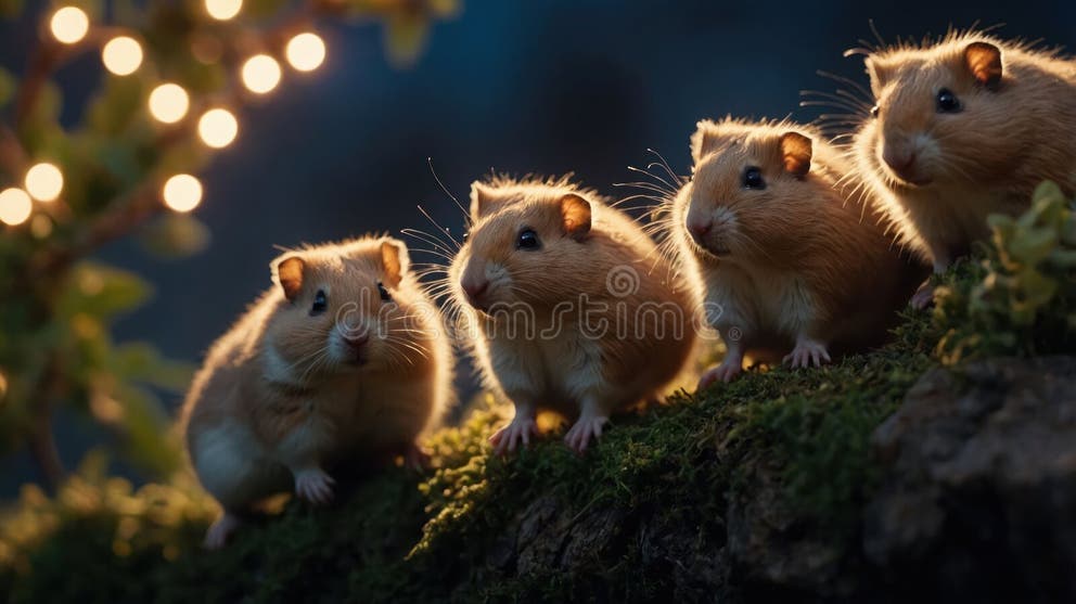 Adorable Group of Hamsters at Night with Fairy Lights Stock ...