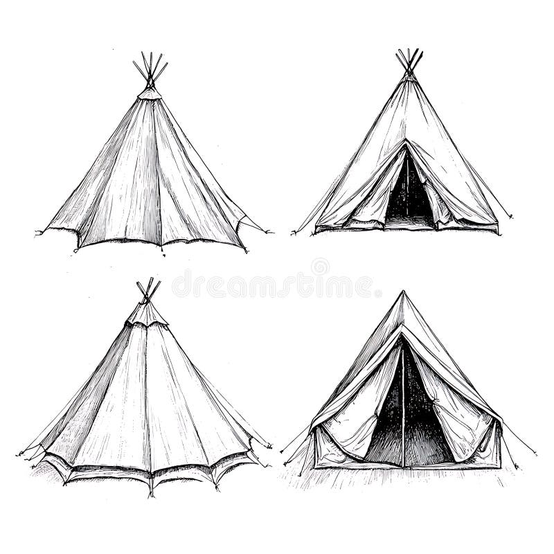 Four Hand-drawn Illustrations of Teepees, Showing Different ...