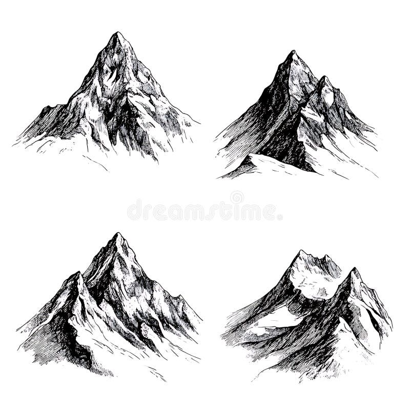 Four Hand-drawn Monochrome Mountain Peak Illustrations Stock ...