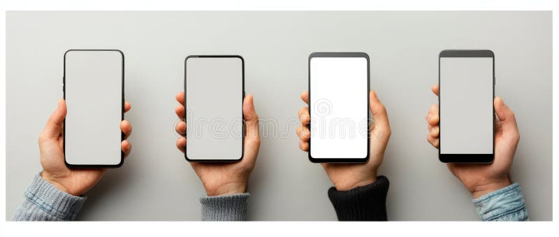 Four Hands Each Holding a Mobile Phone with an Empty Screen Stock Photo ...