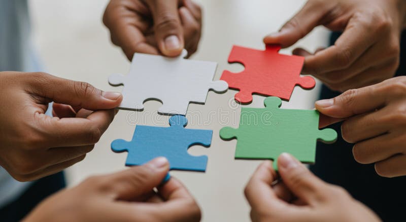 Four Hands Hold Interlocking Puzzle Pieces in White, Red, Blue, and ...