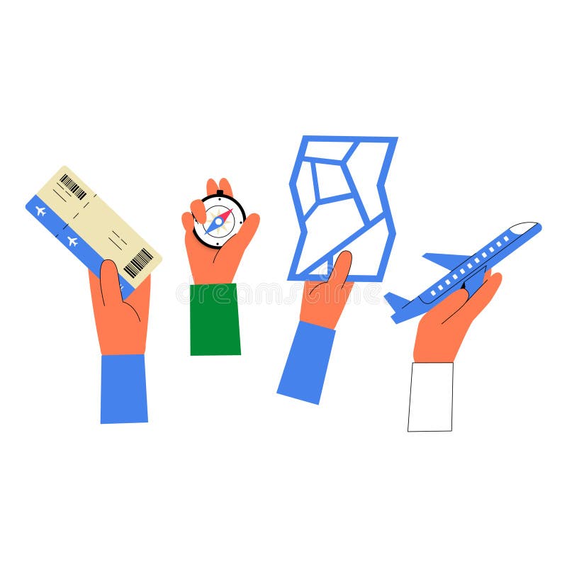 Hands Holding Travel Items in Flat Vector Illustration Symbolizing ...