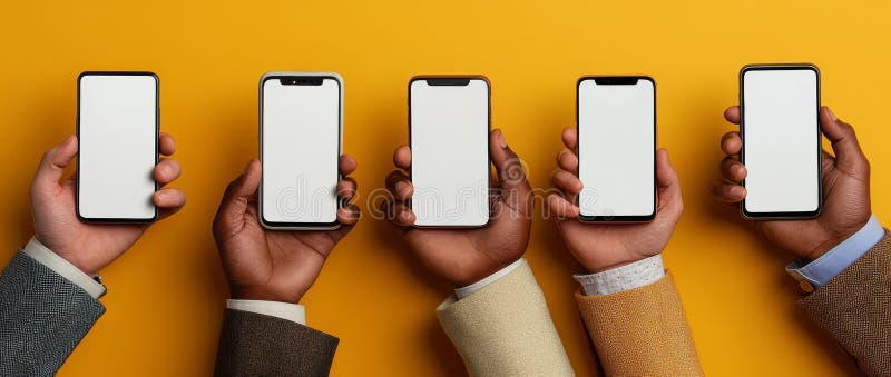 Four Hands Holding Smartphones with Clear, Blank Screens Stock Photo ...