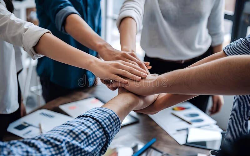 Four Hands are Stacked on Top of Each Other, Symbolizing Unity and ...