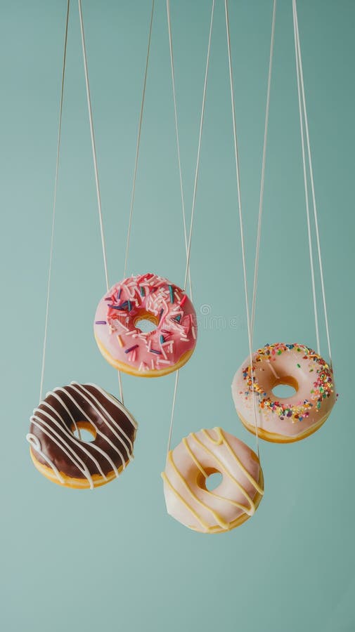 Four Hanging Donuts with Different Toppings Against Light Blue ...