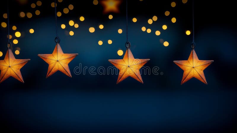 Four Hanging Golden Star Decorations, Festive String Lights on a Dark ...
