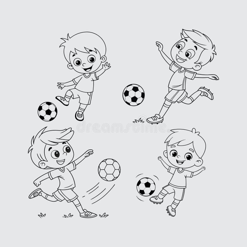 Four Happy Boys Playing Soccer, Ready for Coloring. Stock Illustration ...