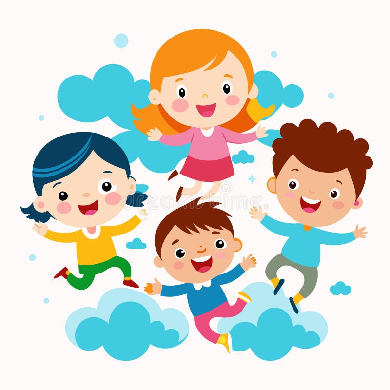 Four Happy Cartoon Children Jumping on Clouds Stock Vector - Illustration of friendship, girl ...