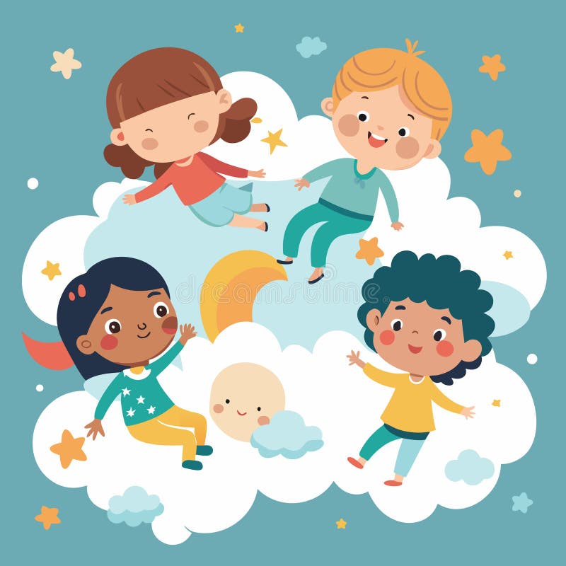 Four Happy Children Sitting on a Cloud Together Stock Vector ...