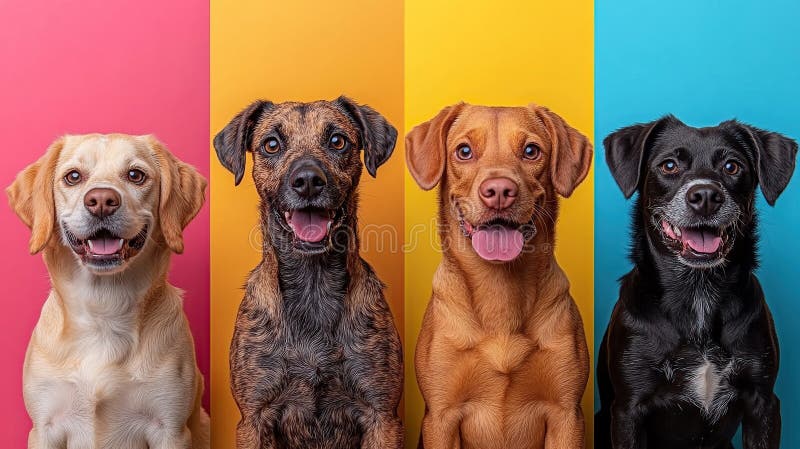 Four Happy Dogs of Different Breeds Sit in a Row Against a Colorful ...