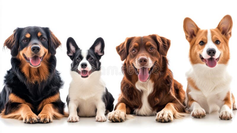 Four Happy Dogs Studio Portrait Against White Background Stock ...