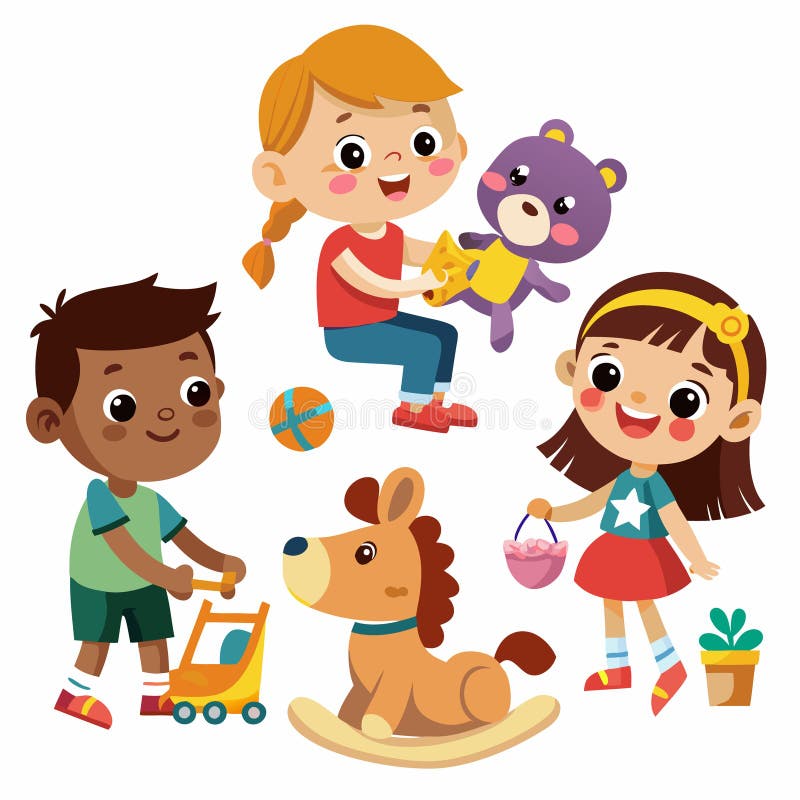 Four Happy Kids Playing with Toys Stock Vector - Illustration of ...