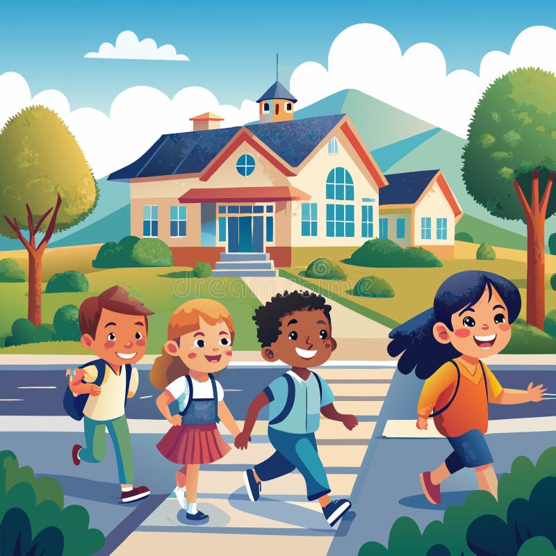 Four Happy School Kids Walking Towards a School Buildin Stock Vector ...