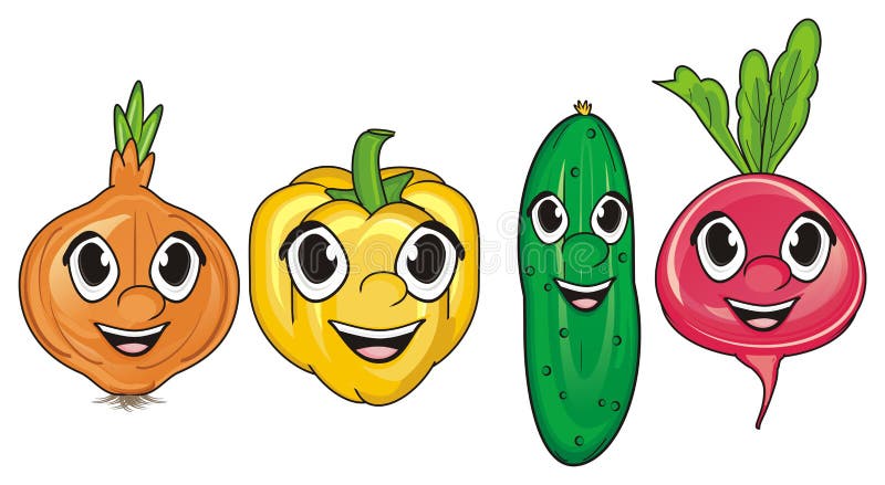 Four happy vegetables stock illustration. Illustration of faces - 89790614