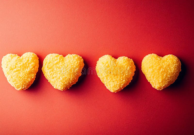 Four Heart-Shaped Crispy Snacks on Red Background High Quality Image ...
