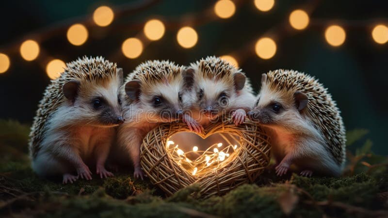 Adorable Four Hedgehogs Holding Heart-Shaped Lights at Night Stock ...