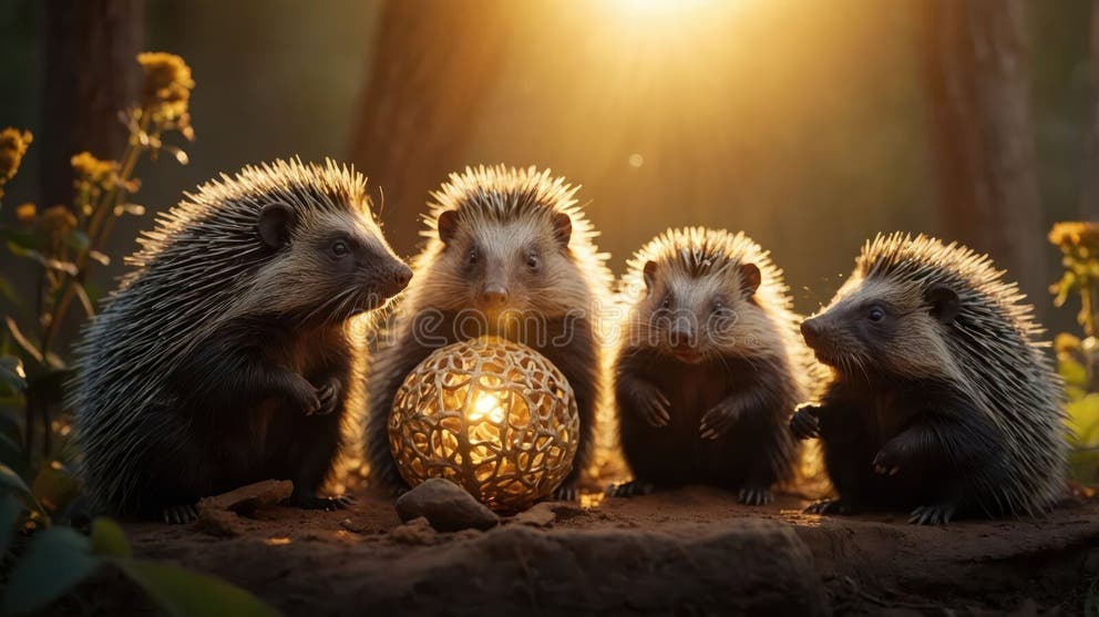 Four Adorable Hedgehogs Gathered Around a Glowing Orb at Sunset Stock ...