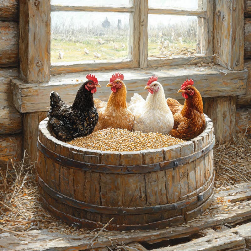 Four Hens Gathering Around a Barrel Full of Grain in a Rustic Barn ...