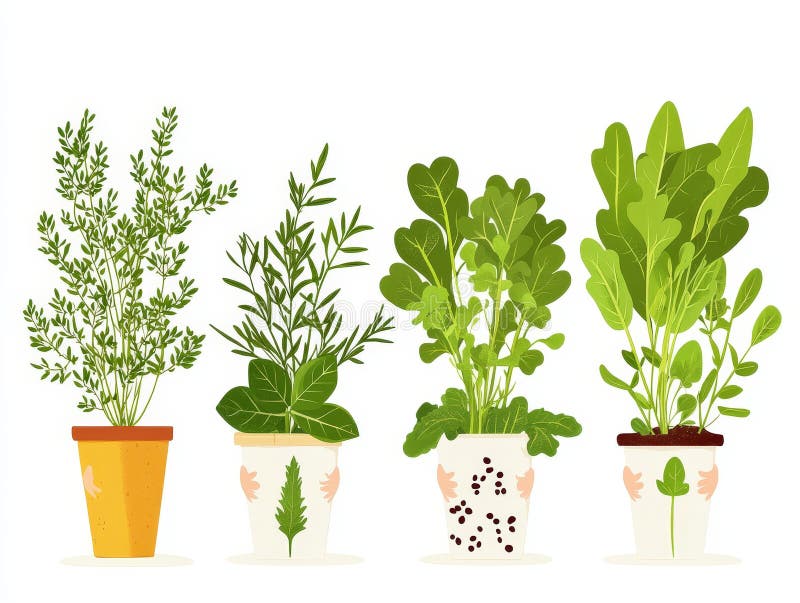 Four Herb Pots Illustration, Vector Art, Gardening, Culinary Herbs ...