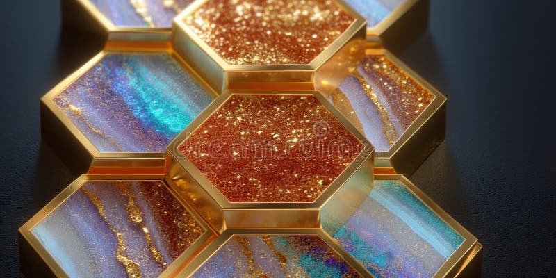 Four Hexagonal Boxes Filled with Vibrant Colored Glitters on a White ...