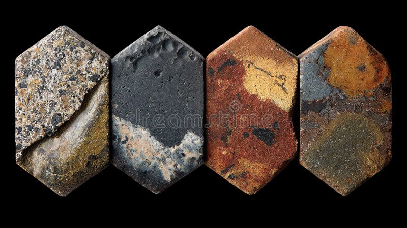 Four Hexagonal Decorative Tiles Showing Different Colors and Textures ...
