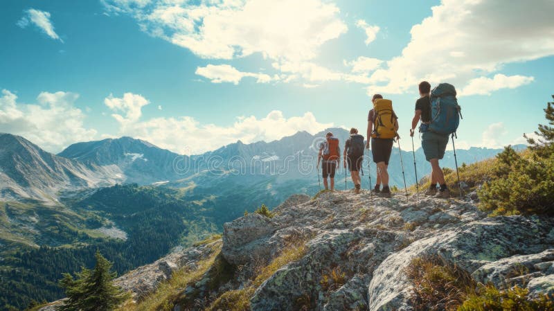 Four Hikers with Backpacks on a Mountain Ridge Stock Illustration ...