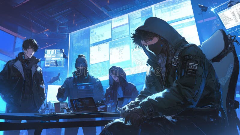 Four Hooded Figures Work at a Computer Desk in a Dimly Lit Room with ...
