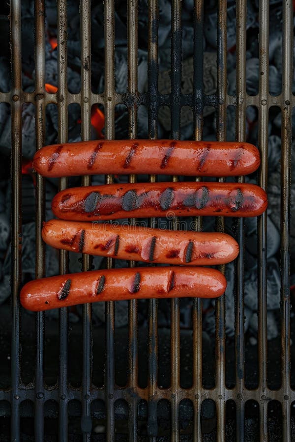 Four Hot Dogs are on a Grill, with the Grill Being Black Stock Image ...