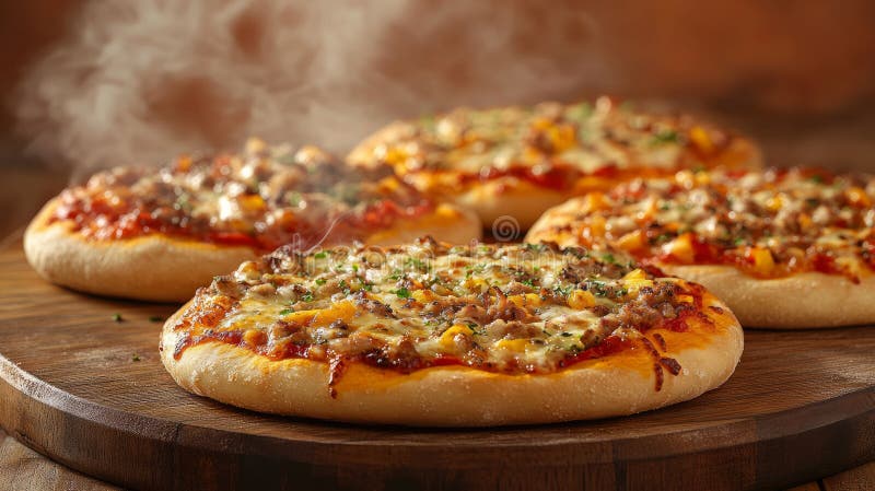 Four Hot Pizzas with Various Toppings on a Wooden Board. Stock Image ...