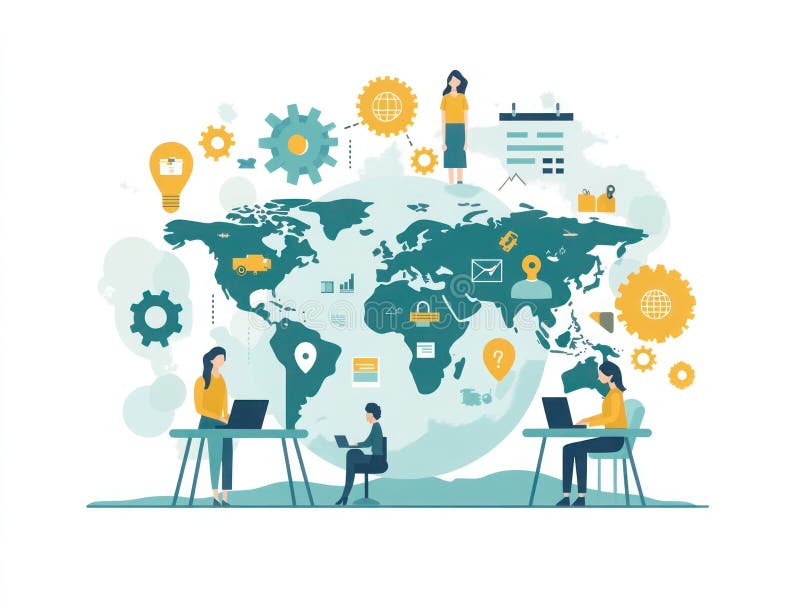 Four Human Figures are Working at Laptops Surrounded by Colorful Icons ...