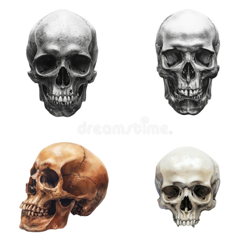 Four Human Skulls in Different Angles and Color Variations Stock Photo ...