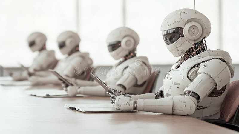 Four Humanoid Robots Sit at a Sleek Conference Table, Engaging with ...