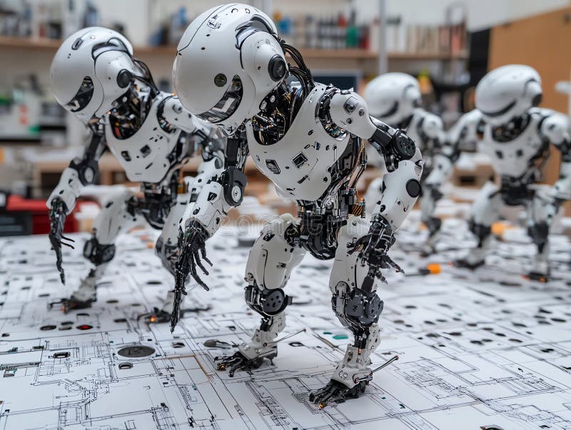 Four Humanoid Robots Stand on a Table Covered in Blueprints Stock ...