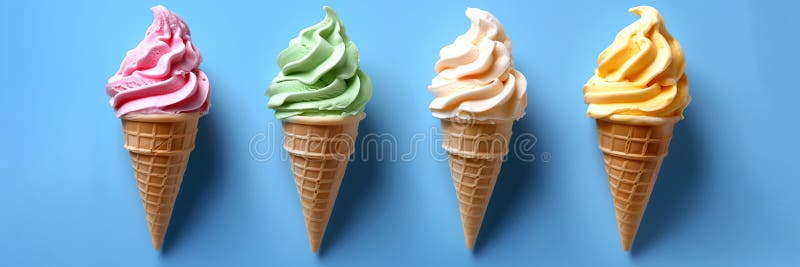 Four Ice Cream Cones with Different Flavors on Blue Background Banner ...